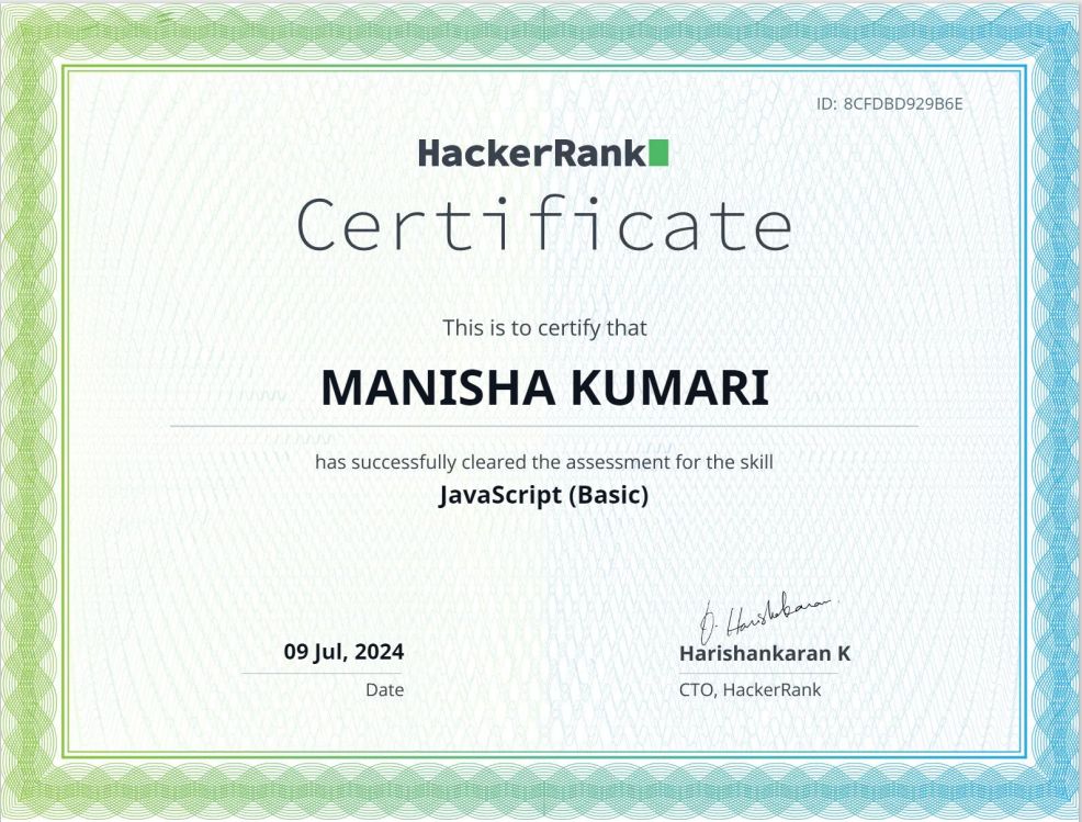 MANISHA KUMARI on LinkedIn: #javascript #certification #hackerrank # ... MANISHA KUMARI on LinkedIn: #javascript #certification #hackerrank # ...