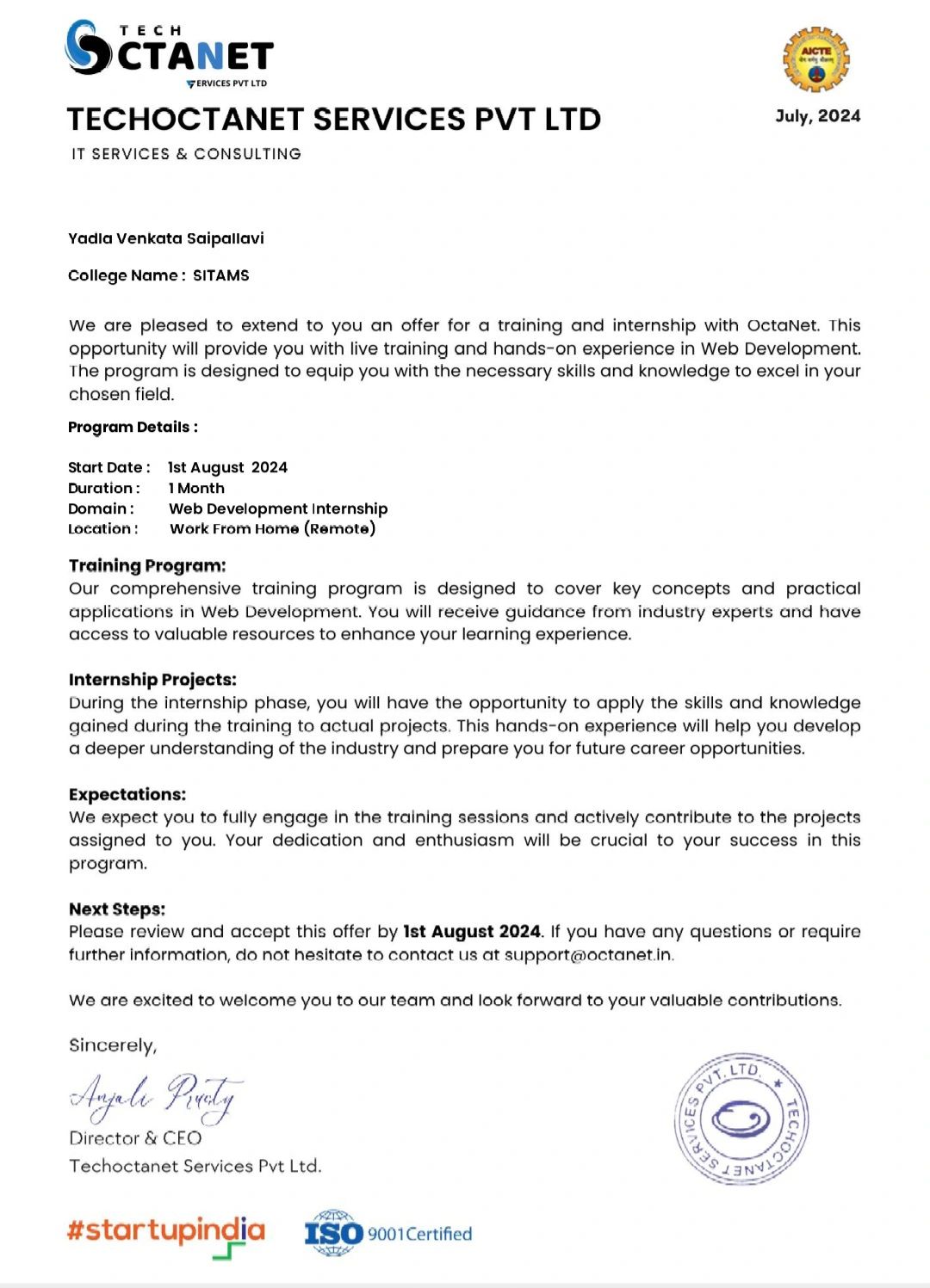Venkata Saipallavi Yadla on LinkedIn: #internship #offerletter Venkata Saipallavi Yadla on LinkedIn: #internship #offerletter
