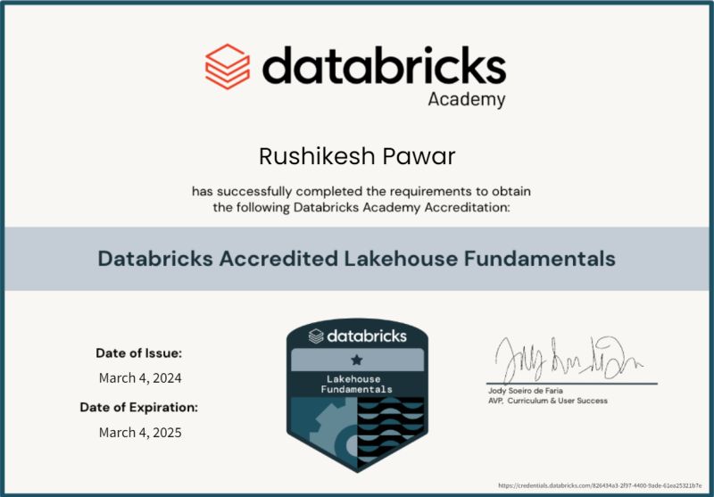 Completed Databricks Lakehouse Fundamentals | Rushikesh Pawar posted on ... Completed Databricks Lakehouse Fundamentals | Rushikesh Pawar posted on ...