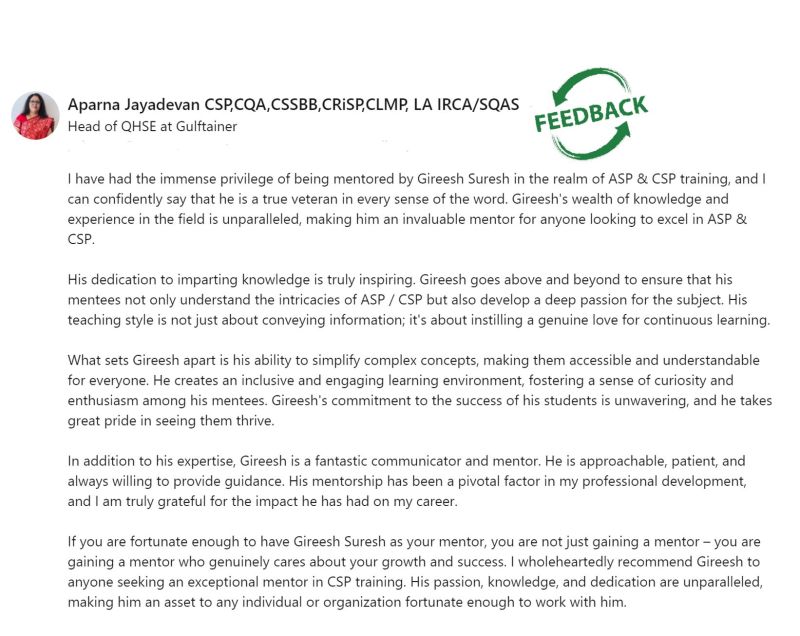 #hse #csp #feedback #recommendation | GIREESH SURESH (CSP CRSP CMIOSH) #hse #csp #feedback #recommendation | GIREESH SURESH (CSP CRSP CMIOSH)