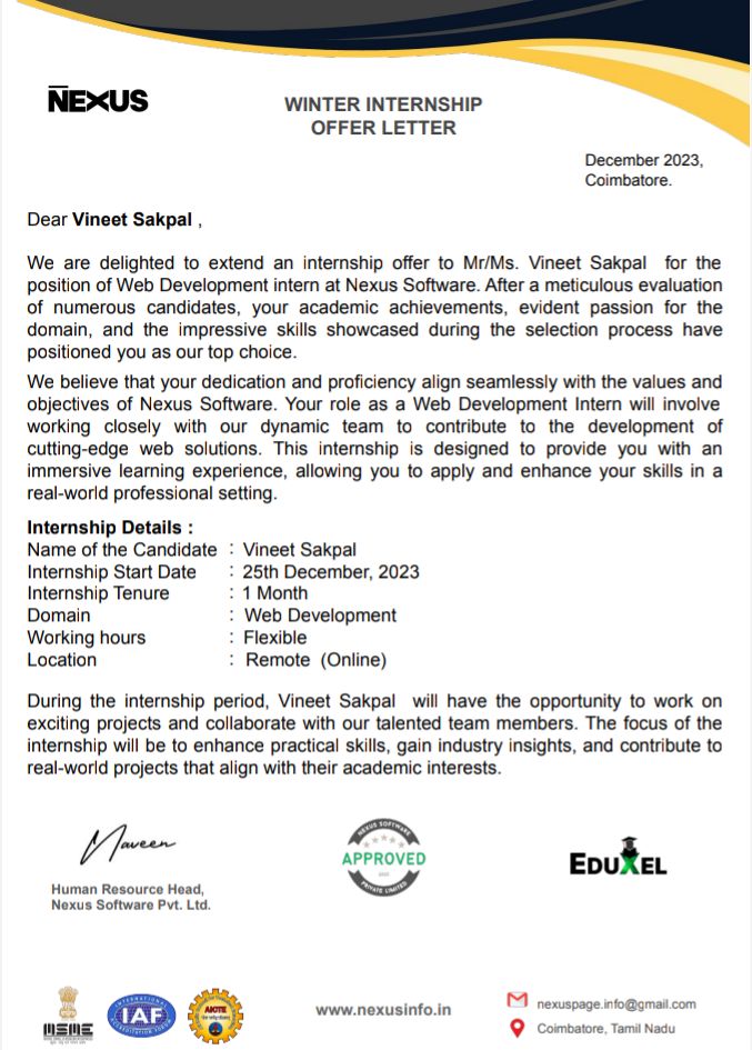 Vineet Sakpal on LinkedIn: #internship #webdeveloper #nexus # ... Vineet Sakpal on LinkedIn: #internship #webdeveloper #nexus # ...
