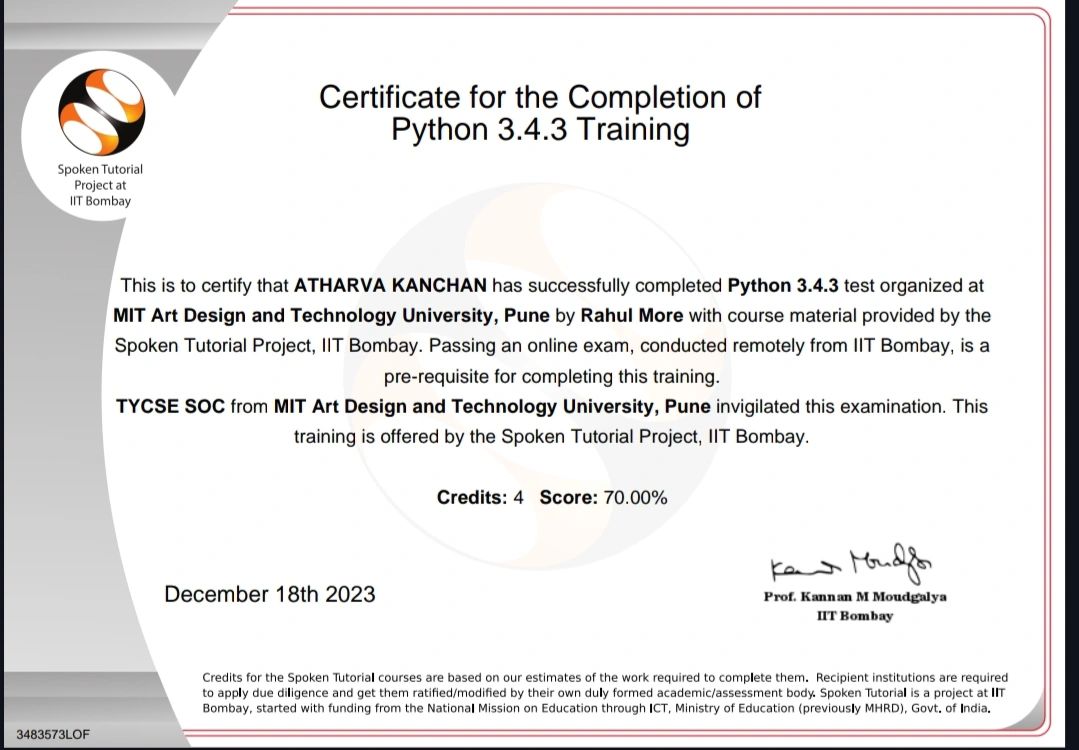 Atharva Kanchan on LinkedIn: #python #certification #iitbombay Atharva Kanchan on LinkedIn: #python #certification #iitbombay