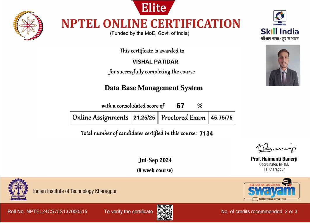 Vishal Patidar on LinkedIn: Achievement Unlocked: NPTEL Database ... Vishal Patidar on LinkedIn: Achievement Unlocked: NPTEL Database ...