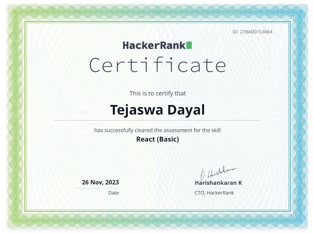 I earned a new certification: React (Basic) | Tejaswa Dayal posted on ... I earned a new certification: React (Basic) | Tejaswa Dayal posted on ...