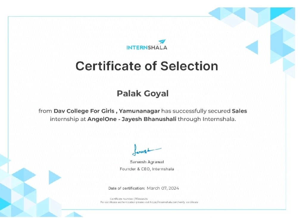 Palak Goyal on LinkedIn: Secured a sales internship at ANGELONE- JAYESH ... Palak Goyal on LinkedIn: Secured a sales internship at ANGELONE- JAYESH ...