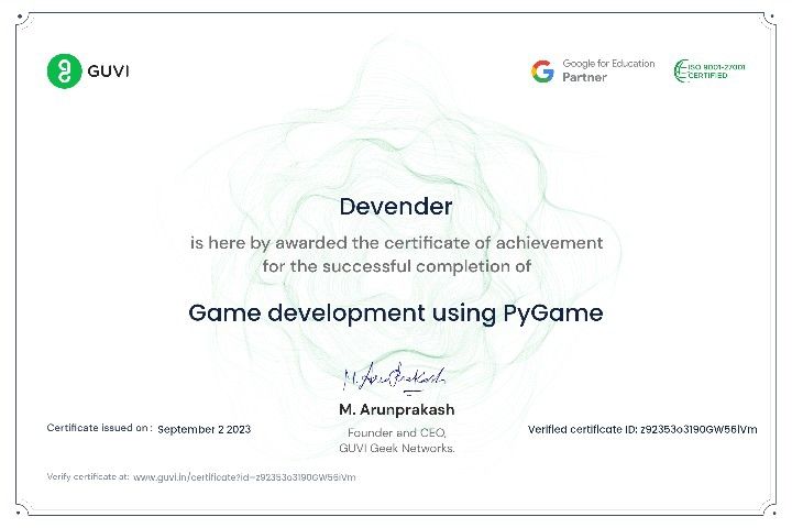 Devender Rajput on LinkedIn: my pyGame certificate complete Devender Rajput on LinkedIn: my pyGame certificate complete
