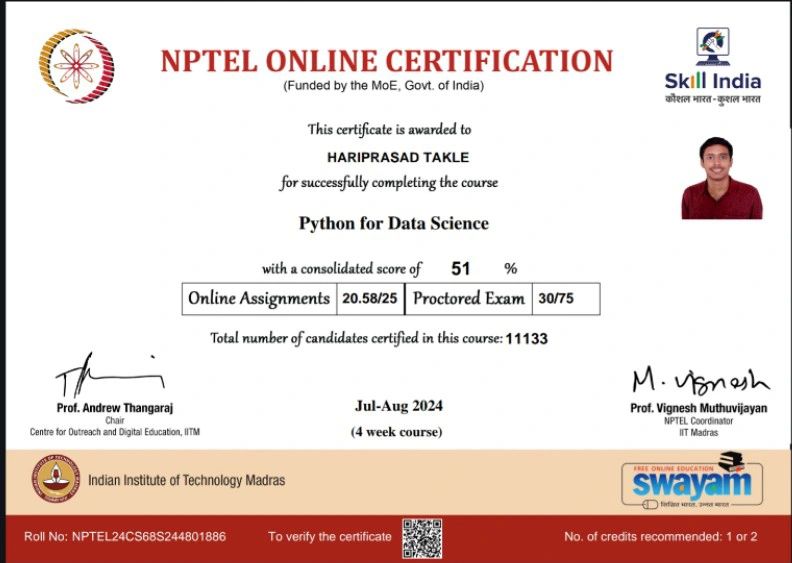Hari takle on LinkedIn: #python #datascience #iitmadras #certification Hari takle on LinkedIn: #python #datascience #iitmadras #certification
