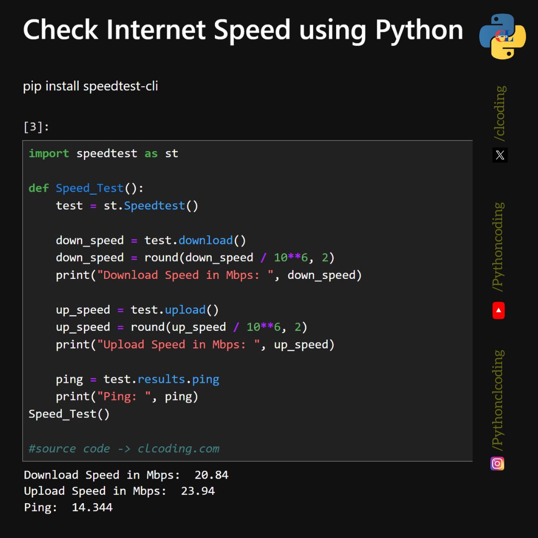 Python Coding on LinkedIn: Check Internet Speed using Python Python Coding on LinkedIn: Check Internet Speed using Python