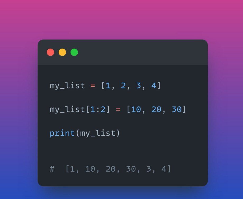 You can use slices in Python to insert elements to a list in arbitrary ... You can use slices in Python to insert elements to a list in arbitrary ...