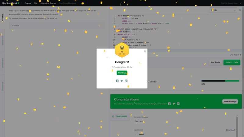 #sql #data #learningjourney #hackerrank #achievementunlocked | Arnava Sinha #sql #data #learningjourney #hackerrank #achievementunlocked | Arnava Sinha