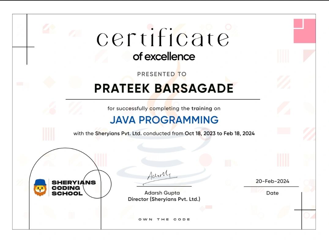 Completed Java as my first programming language | Prateek Barsagade ... Completed Java as my first programming language | Prateek Barsagade ...