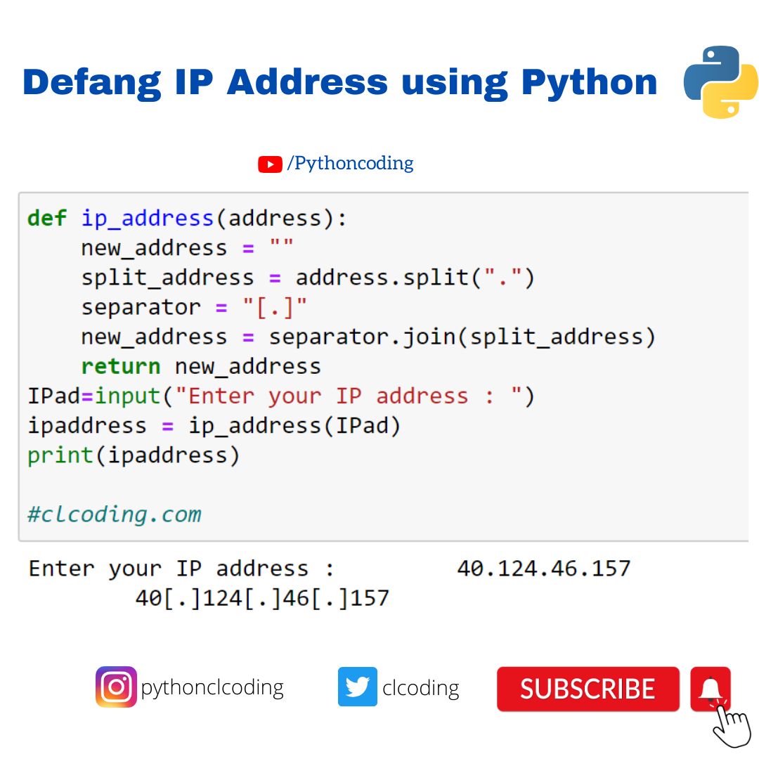 Python Coding on LinkedIn: Defang IP Address using Python Python Coding on LinkedIn: Defang IP Address using Python