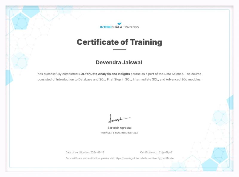Devendra Jaiswal on LinkedIn: #sql #dataanalysis #certificate #datascience Devendra Jaiswal on LinkedIn: #sql #dataanalysis #certificate #datascience
