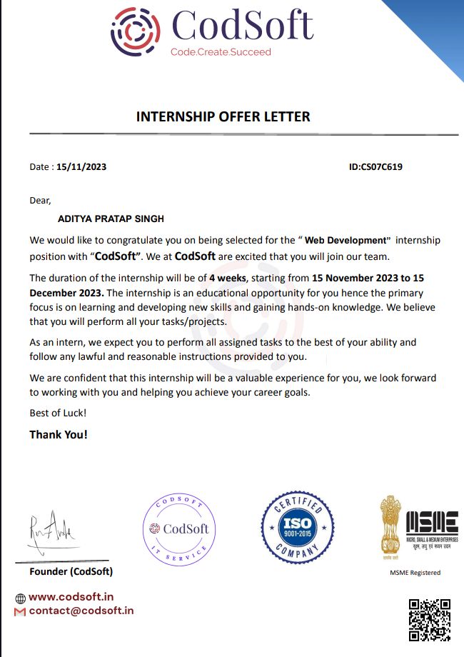 Aditya Pratap Singh on LinkedIn: Accepted as an Intern at CodSoft Aditya Pratap Singh on LinkedIn: Accepted as an Intern at CodSoft