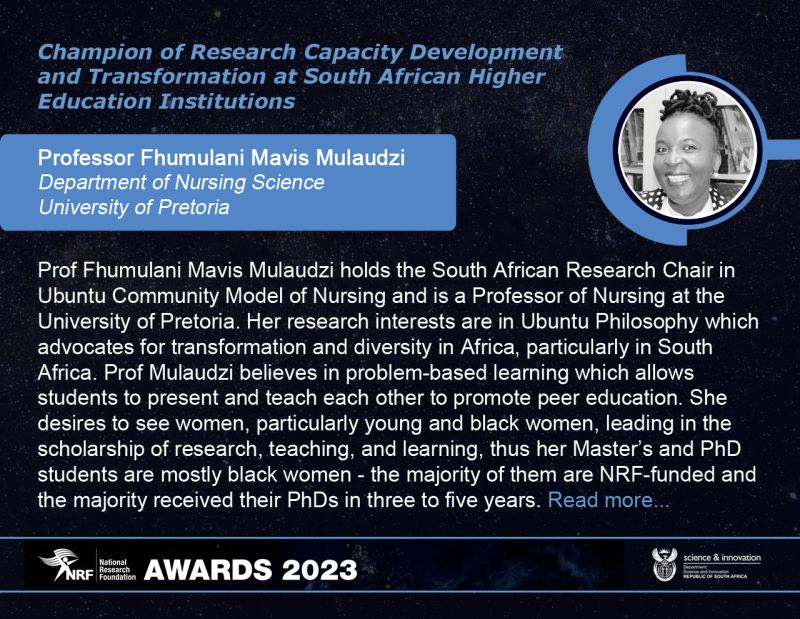 Congrats to Prof Fhumulani Mavis Mulaudzi on receiving the 2023 NRF ... Congrats to Prof Fhumulani Mavis Mulaudzi on receiving the 2023 NRF ...