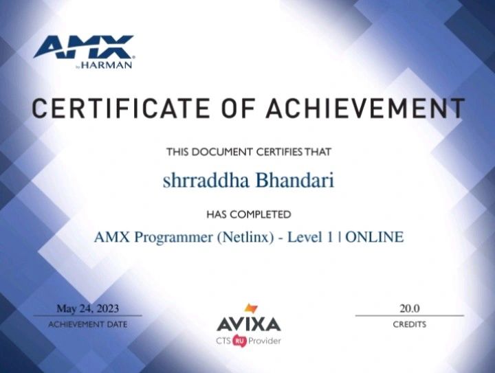 Another Achivement in AMX Programming....LEVEL 1 | Shraddha Bhandari Another Achivement in AMX Programming....LEVEL 1 | Shraddha Bhandari