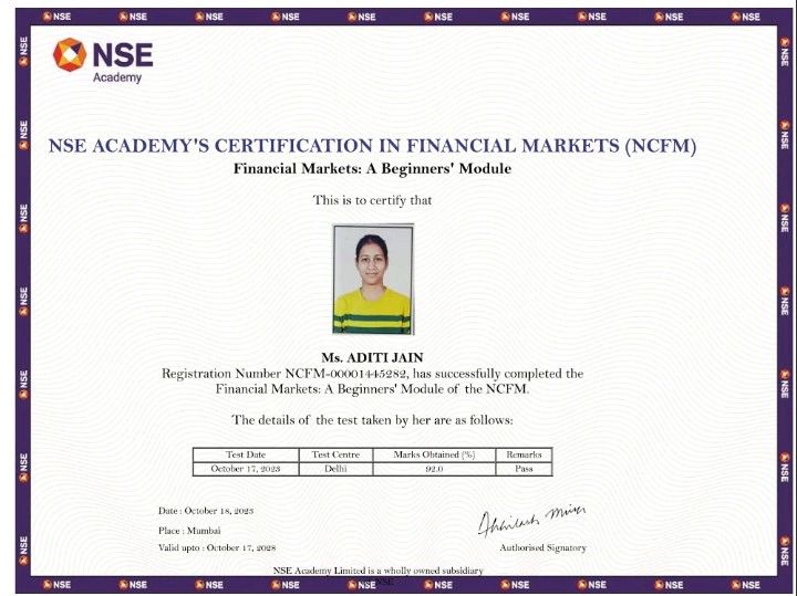 Finished NSE CERTIFICATION in Financial Markets | Aditi Jain posted on ... Finished NSE CERTIFICATION in Financial Markets | Aditi Jain posted on ...