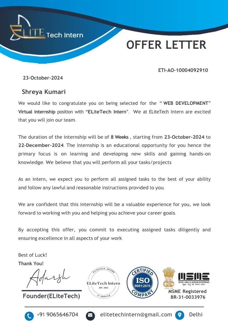 Shreya Kumari on LinkedIn: #elitetech #internship #webdevelopment Shreya Kumari on LinkedIn: #elitetech #internship #webdevelopment