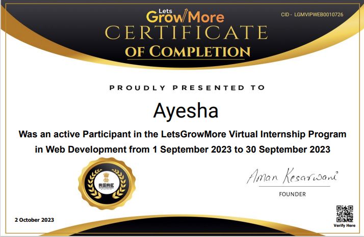 Ayesha Amjad on LinkedIn: #letsgrowmore #internship #webdevelopment Ayesha Amjad on LinkedIn: #letsgrowmore #internship #webdevelopment