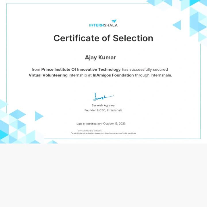 Ajay Kumar on LinkedIn: Got selected for the internship through ... Ajay Kumar on LinkedIn: Got selected for the internship through ...