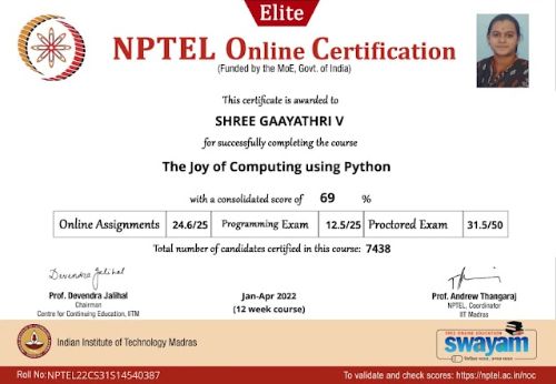 Shree Gaayathri V on LinkedIn: #nptel #python #computing #certification ... Shree Gaayathri V on LinkedIn: #nptel #python #computing #certification ...