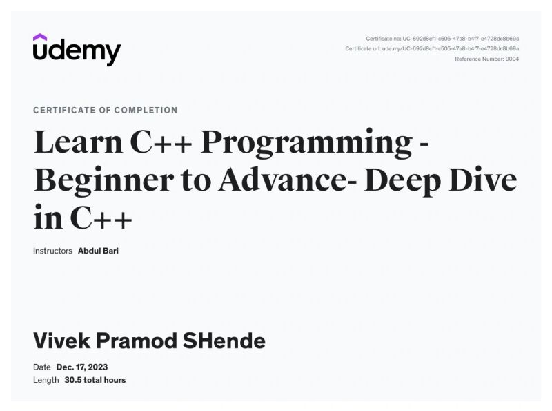 vivek shende on LinkedIn: #udemycompletion #cplusplus vivek shende on LinkedIn: #udemycompletion #cplusplus