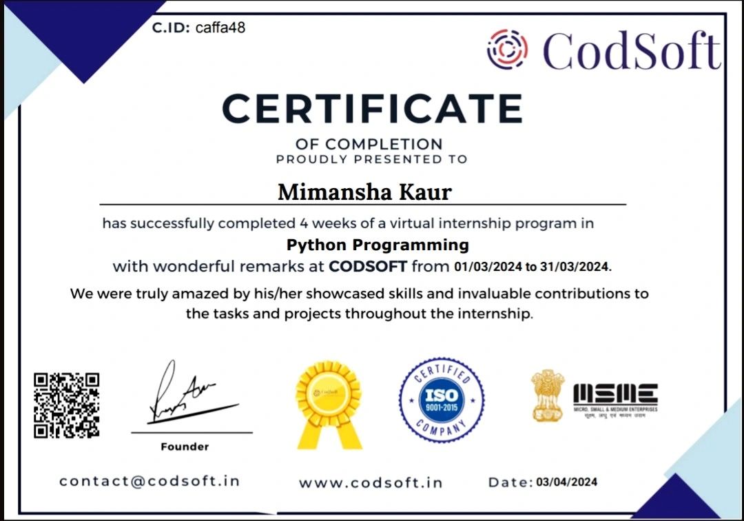 Mimansha Kaur on LinkedIn: #codsoft #python #internship # ... Mimansha Kaur on LinkedIn: #codsoft #python #internship # ...