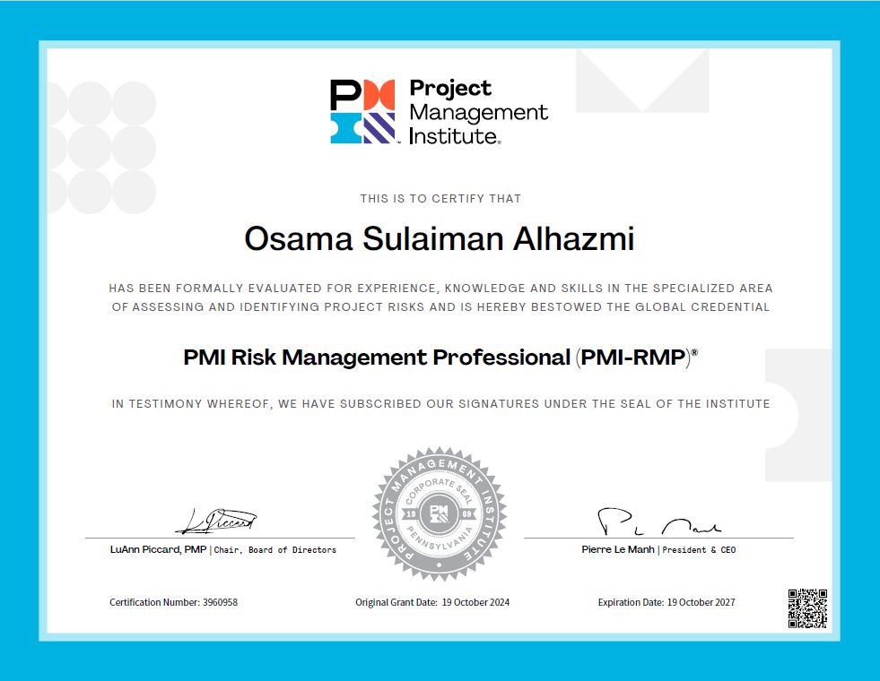 Osama S. Alhazmi, PMP®, PMI-RMP, C-KPI, GRCP, GRCA on LinkedIn: #pmi # ... Osama S. Alhazmi, PMP®, PMI-RMP, C-KPI, GRCP, GRCA on LinkedIn: #pmi # ...