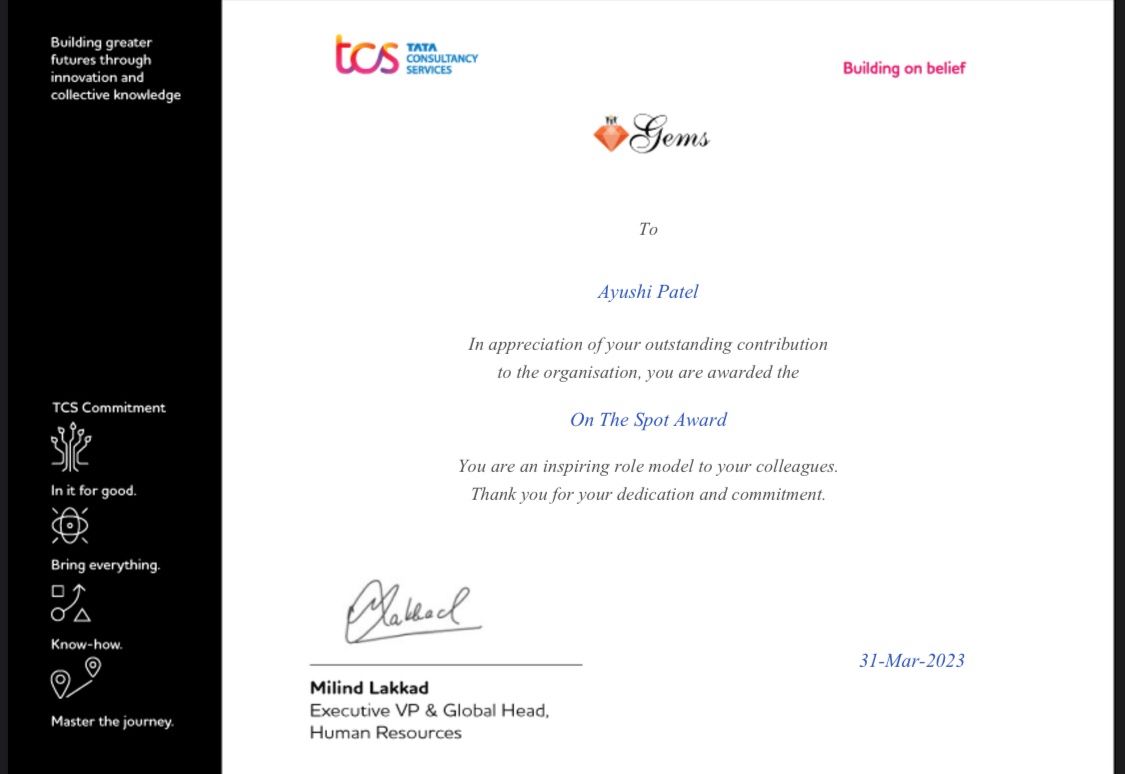 Ayushi Patel on LinkedIn: #onthespotaward Ayushi Patel on LinkedIn: #onthespotaward