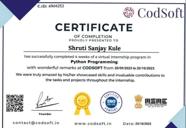 Shruti Kule on LinkedIn: #codsoft #codsoft #cip #pythonprogramming # ... Shruti Kule on LinkedIn: #codsoft #codsoft #cip #pythonprogramming # ...
