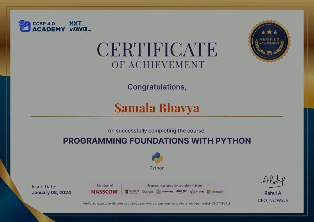 Earned Python Programming Certificate | Samala Bhavya posted on the ... Earned Python Programming Certificate | Samala Bhavya posted on the ...