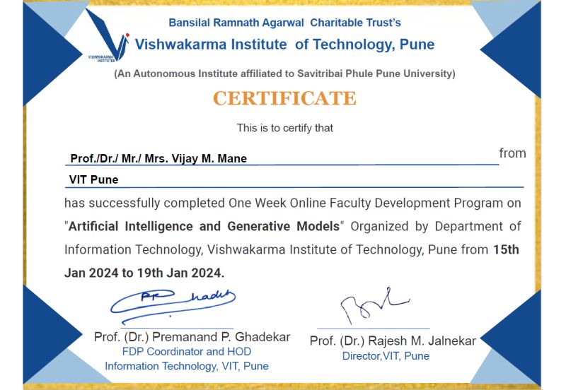Completed AI course at Vishwakarma Institute | Prof. Dr. Vijay Mane ... Completed AI course at Vishwakarma Institute | Prof. Dr. Vijay Mane ...