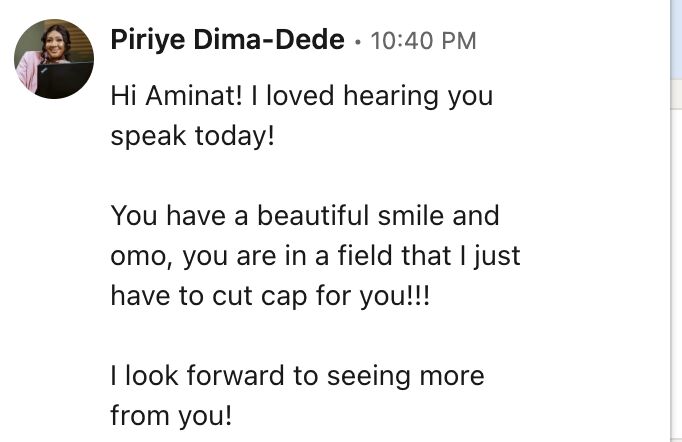 Aminat Ahmed on LinkedIn: Piriye Dima-Dede had this to say about me ... Aminat Ahmed on LinkedIn: Piriye Dima-Dede had this to say about me ...