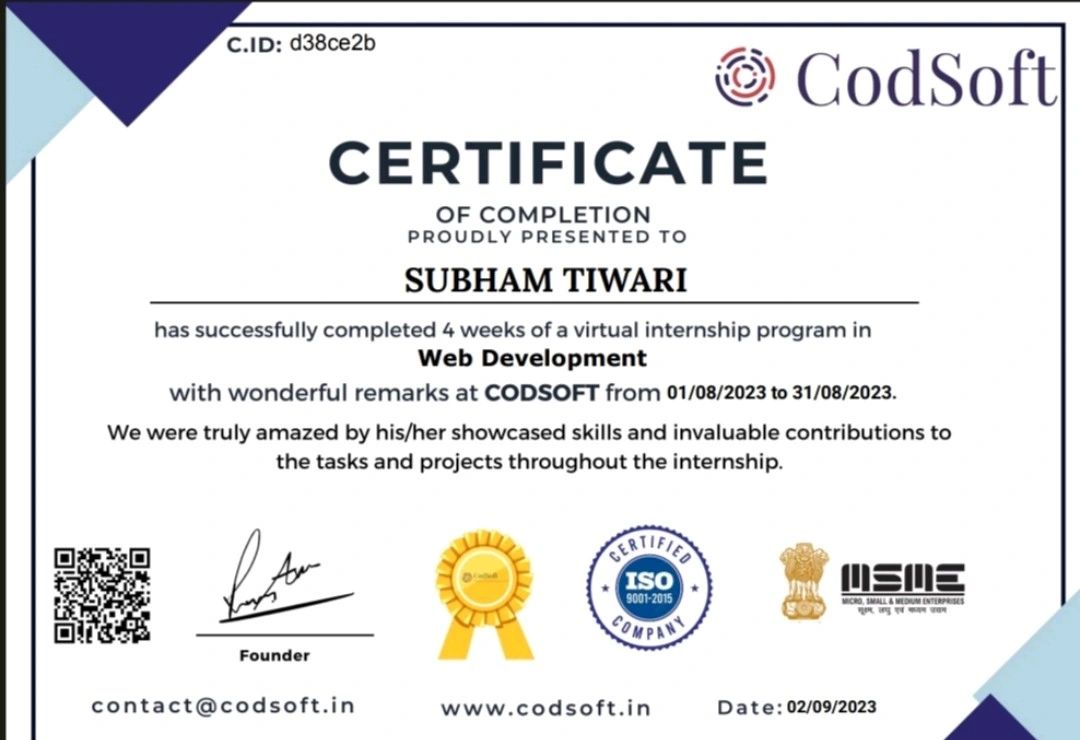 Subham Tiwari on LinkedIn: #codsoft #webdevelopment #html #css #javascript Subham Tiwari on LinkedIn: #codsoft #webdevelopment #html #css #javascript