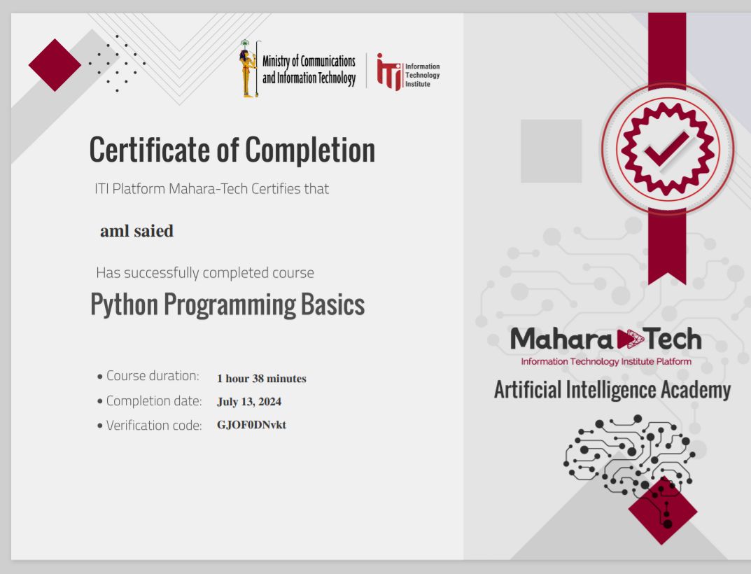 Earned a Python certificate from Mahara Tech | Aml Saied posted on the ... Earned a Python certificate from Mahara Tech | Aml Saied posted on the ...