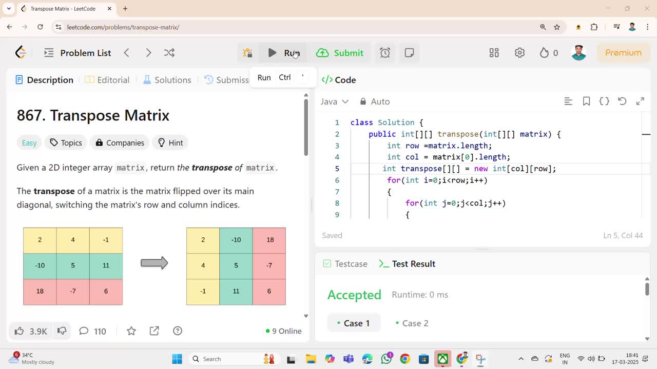 DSA - Transpose Matrix 2B - Problem - 68 LeetCode - Problem -867 ... DSA - Transpose Matrix 2B - Problem - 68 LeetCode - Problem -867 ...
