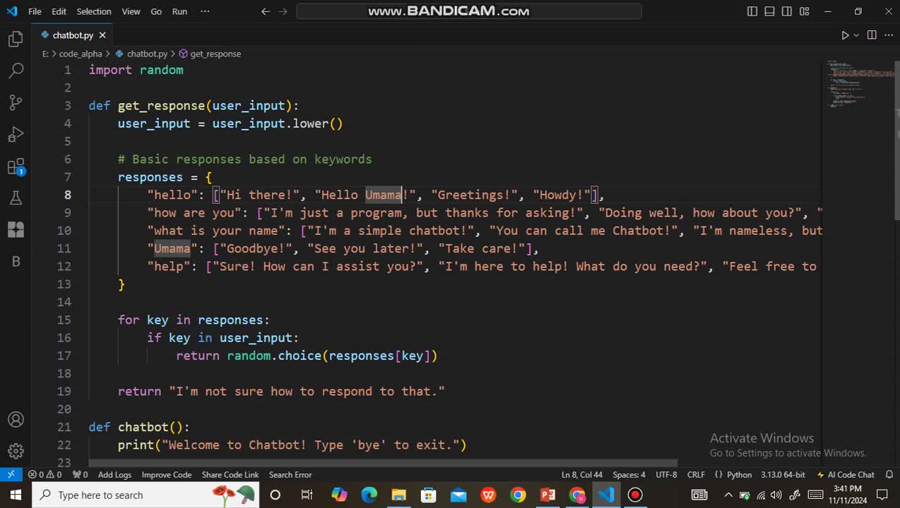 Umama Khan on LinkedIn: #chatbot_task2 #pythonprogramming #codejourney ... Umama Khan on LinkedIn: #chatbot_task2 #pythonprogramming #codejourney ...