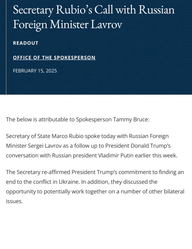 Readout of Secretary of State Marco Rubio's call with Foreign Minister ... Readout of Secretary of State Marco Rubio's call with Foreign Minister ...