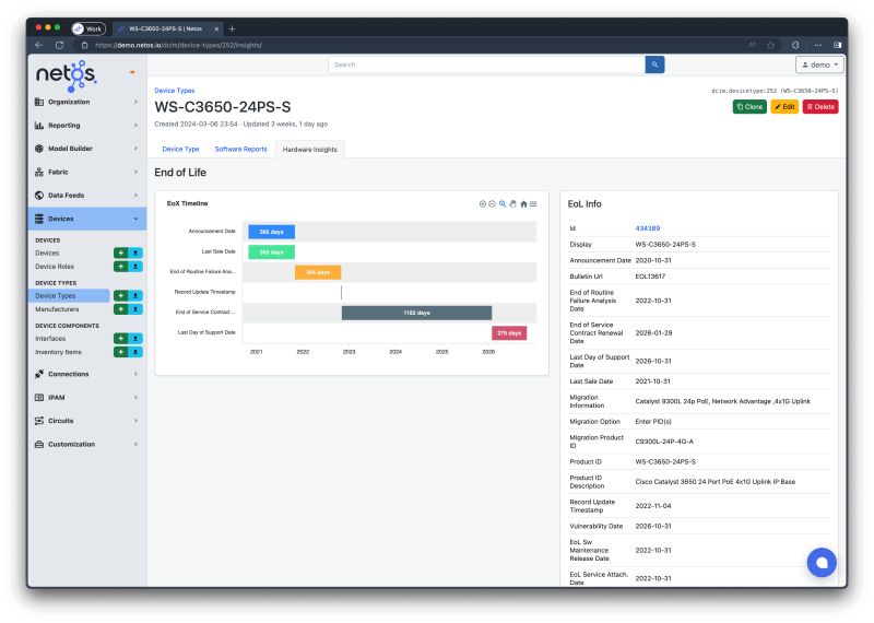 Netos Insights provides EoX timelines for device Part IDs within your ... Netos Insights provides EoX timelines for device Part IDs within your ...