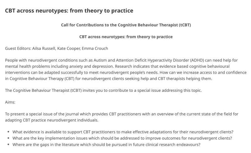 tCBT Special Issue Reminder: CBT across neurotypes: from theory to ... tCBT Special Issue Reminder: CBT across neurotypes: from theory to ...