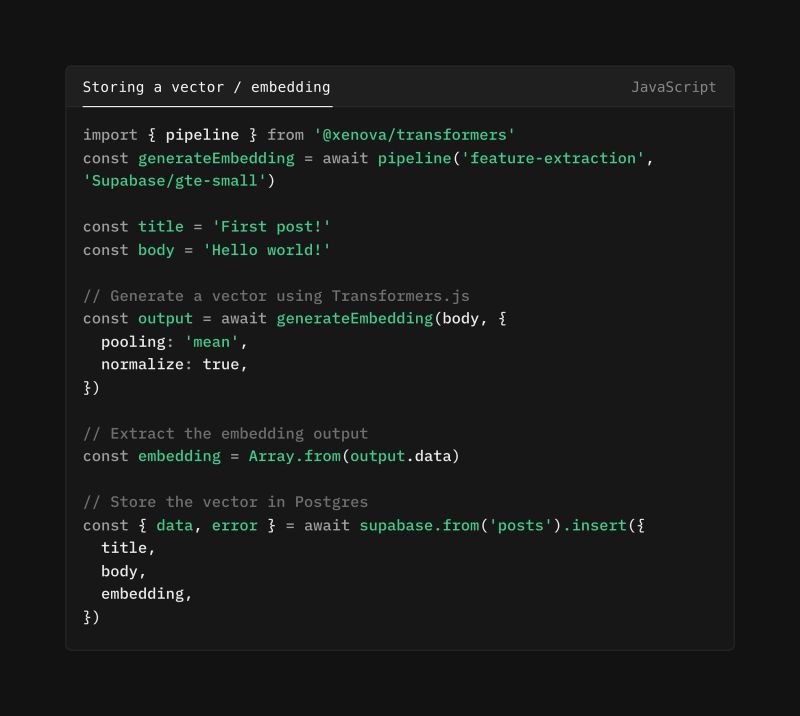 Supabase on LinkedIn: Generate a vector using Transformer.js, then ... Supabase on LinkedIn: Generate a vector using Transformer.js, then ...
