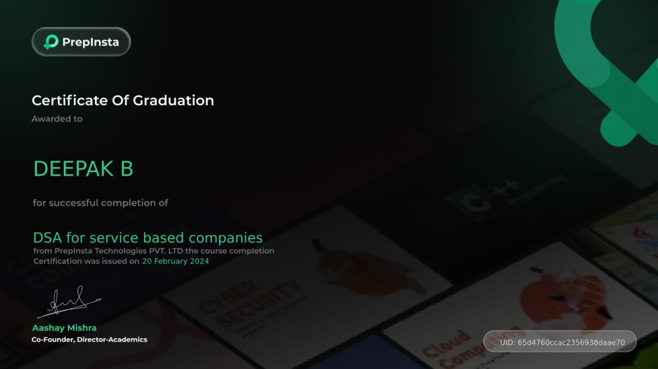 Here iam completed and certified DSA in java through prepinsta. Here iam completed and certified DSA in java through prepinsta.