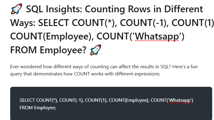 🚀 SQL Insights: Counting Rows in Different Ways: SELECT COUNT(*), COUNT ... 🚀 SQL Insights: Counting Rows in Different Ways: SELECT COUNT(*), COUNT ...