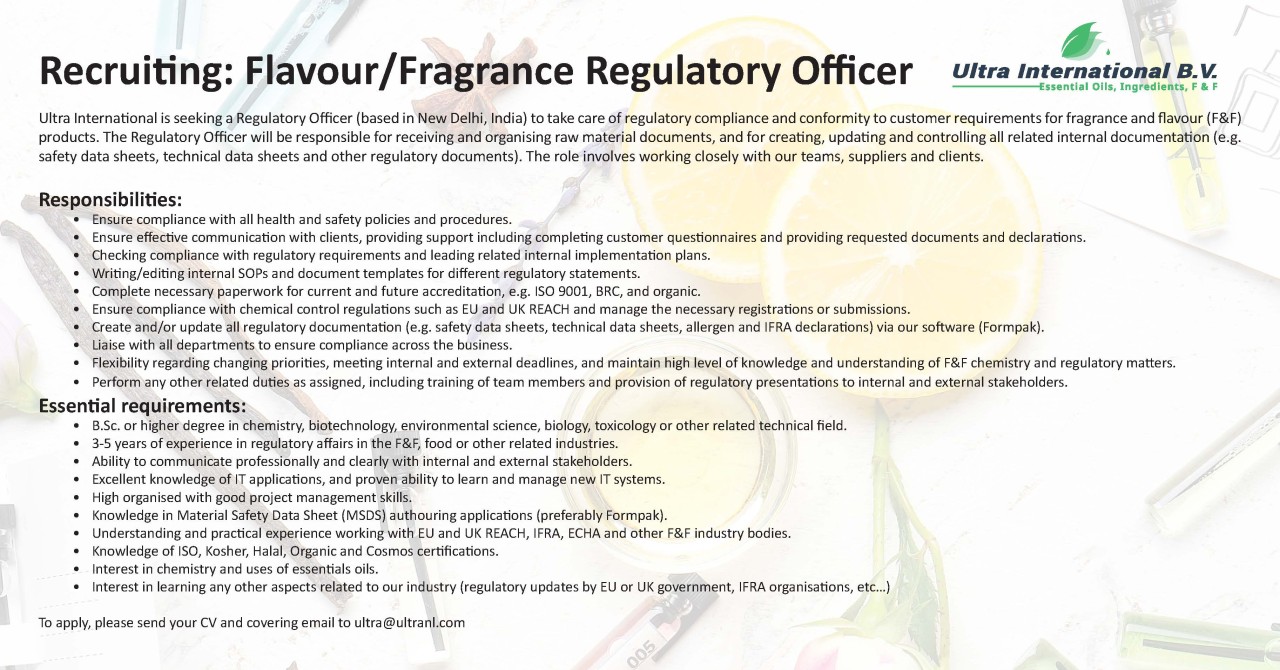 Recruiting: Flavour/Fragrance Regulatory Officer Recruiting: Flavour/Fragrance Regulatory Officer