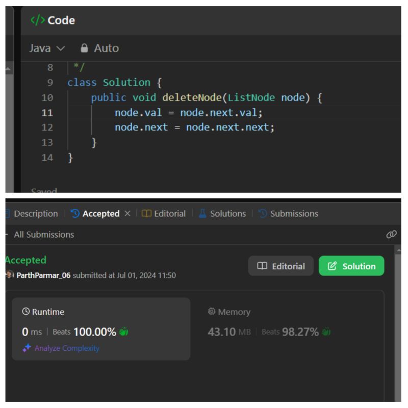 Day 28/100 #100DaysOfCode >> Delete Node in a Linked List 🚀 | Parth Parmar Day 28/100 #100DaysOfCode >> Delete Node in a Linked List 🚀 | Parth Parmar