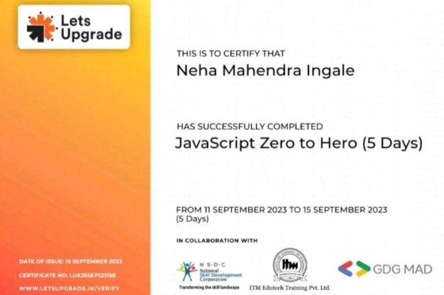 JavaScript Certificate | Neha Ingale JavaScript Certificate | Neha Ingale