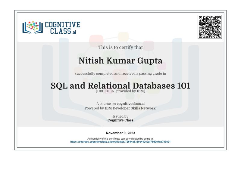 Nitish Kumar Gupta on LinkedIn: #sql #certification #ibm Nitish Kumar Gupta on LinkedIn: #sql #certification #ibm