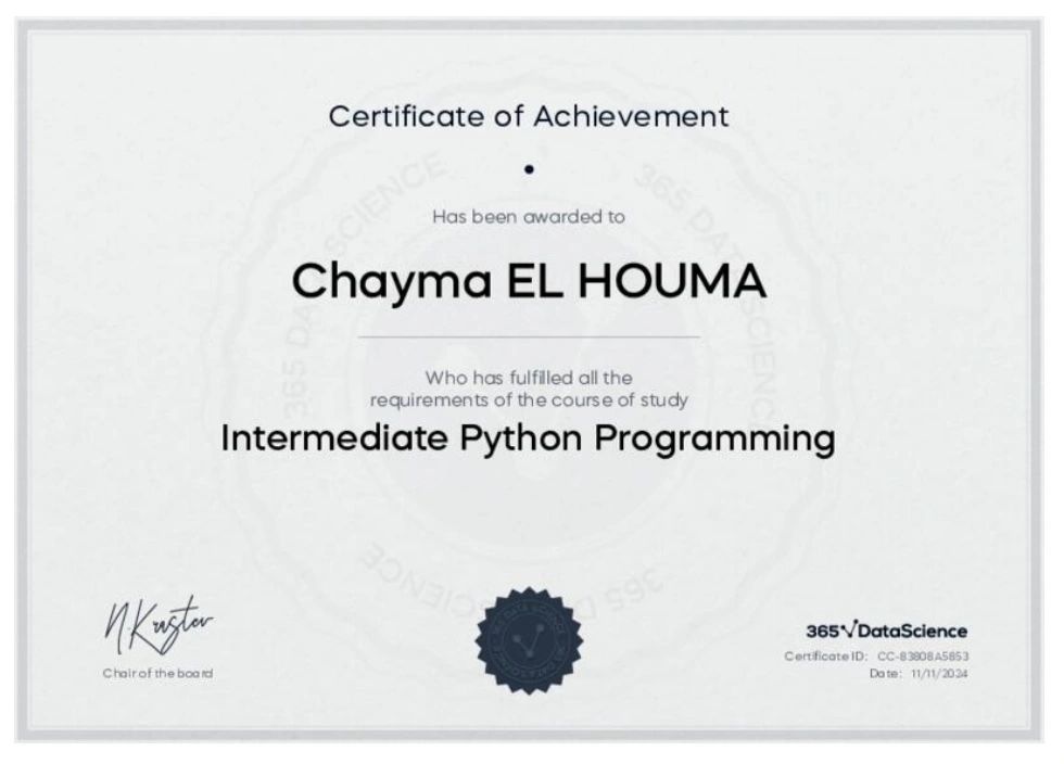 Chayma EL HOUMA on LinkedIn: #python #intermediatepython #certificate # ... Chayma EL HOUMA on LinkedIn: #python #intermediatepython #certificate # ...