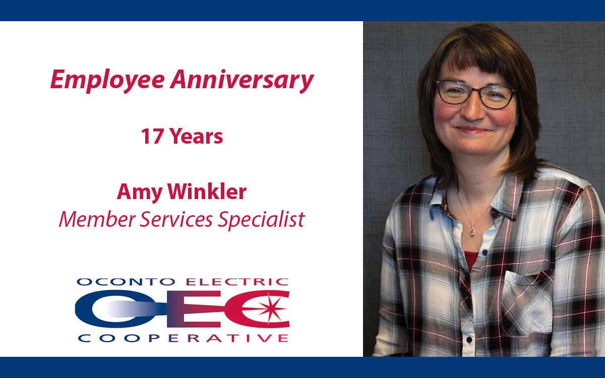 Join us in congratulating Amy Winkler on 17 years with Oconto Electric ... Join us in congratulating Amy Winkler on 17 years with Oconto Electric ...