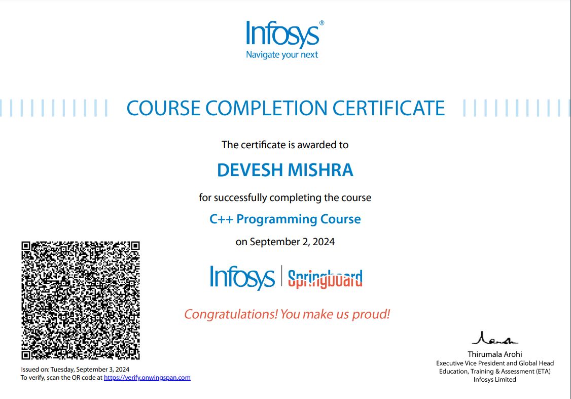 Devesh Mishra on LinkedIn: #certificates #infosys #cpp #programming # ... Devesh Mishra on LinkedIn: #certificates #infosys #cpp #programming # ...